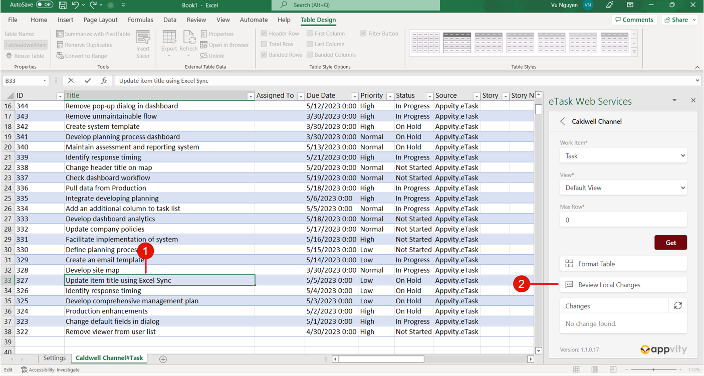 Appvity Online Document System | Excel Sync for eTask - Update data