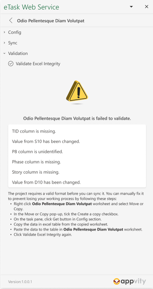 Appvity Online Document System | Excel Sync for eTask - Verify Integrity